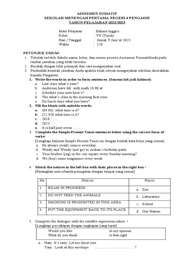 Assesmen Sumatif Kelas 7 2023 Sem Genap | PDF | Grammar | Language Mechanics