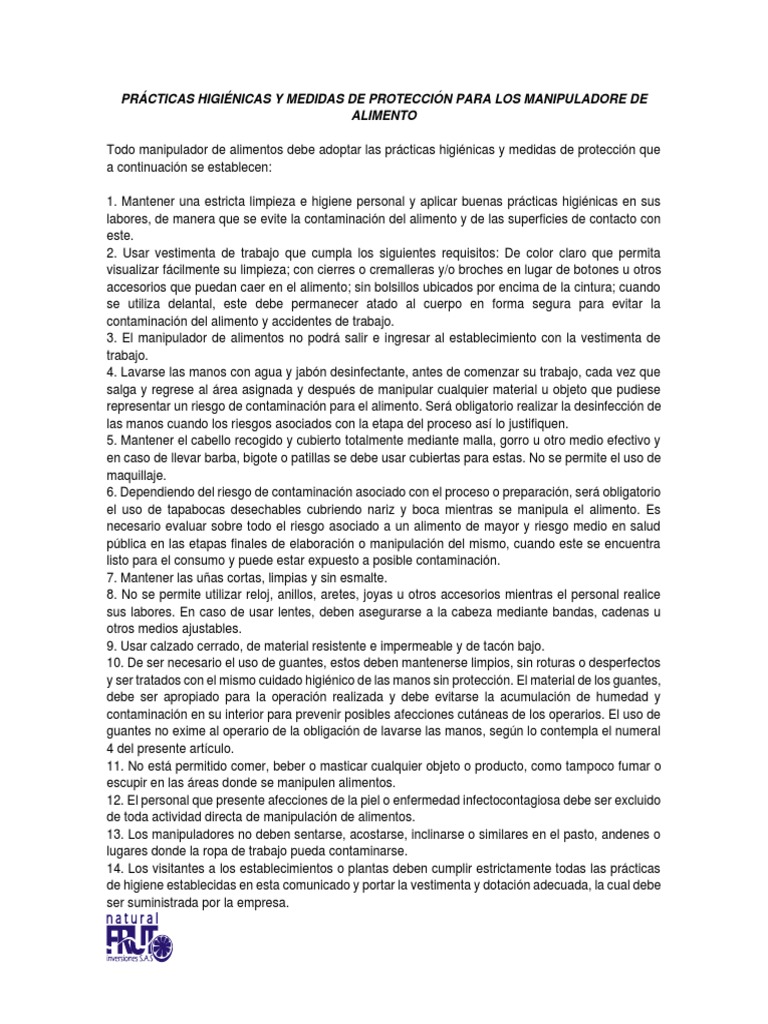 Prácticas Higiénicas y Medidas de Protección para Los Manipuladore de Alimento | PDF | Lavado de ...