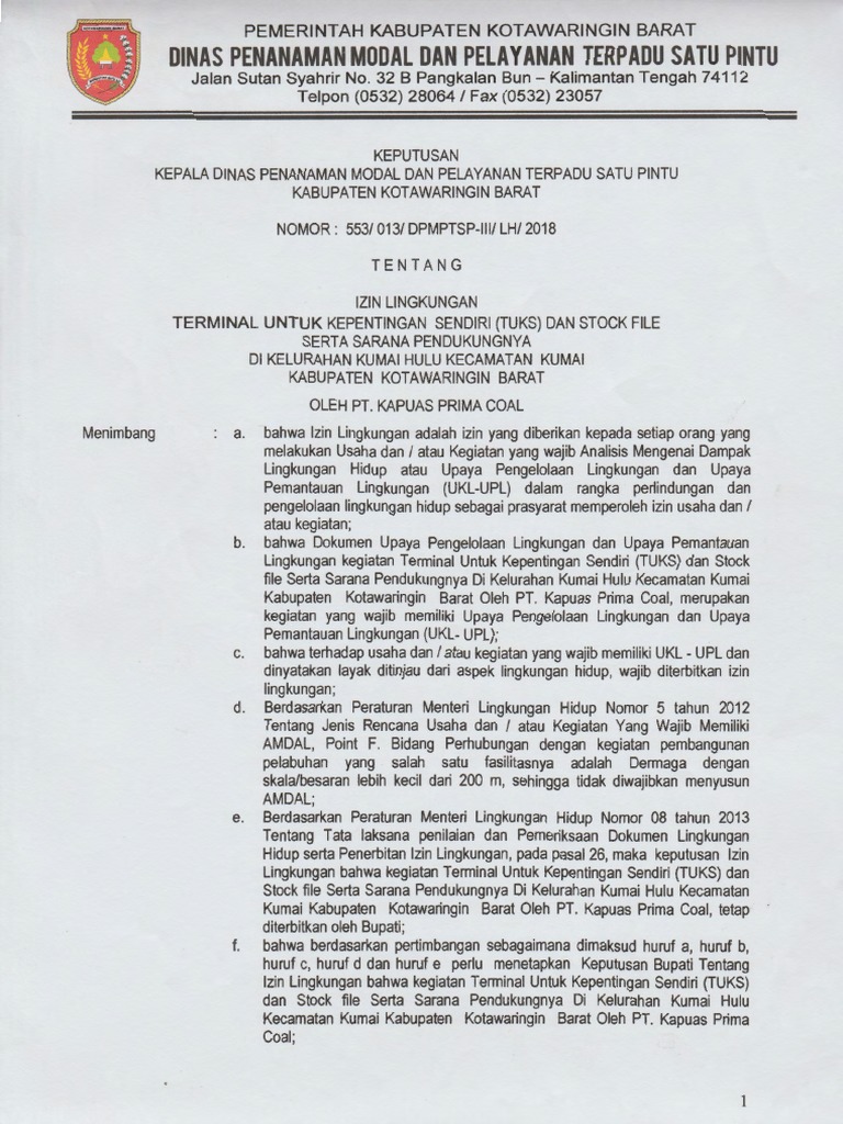 DPMPTSP - Izin Lingkungan Tuks KPC | PDF