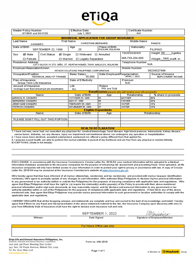 Etiqa Group Insurance Application Form | PDF | Insurance | Life Insurance