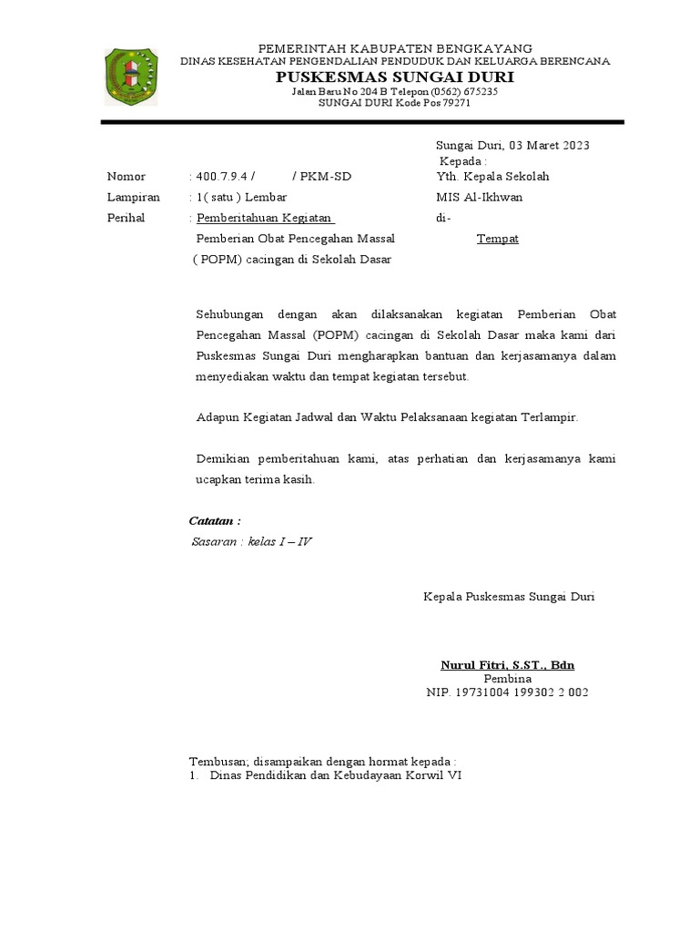 Surat Pemberian Obat Cacing | PDF