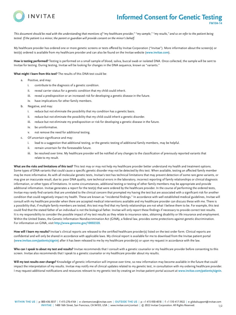 Invitae - FM104 - Invitae - Patient - Consent - Form | PDF | Genetic ...
