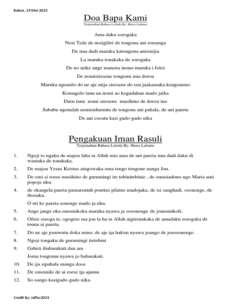 Doa Bapa Kami & Pengakuan Iman Rasuli Bahasa Loloda | PDF | Agama ...
