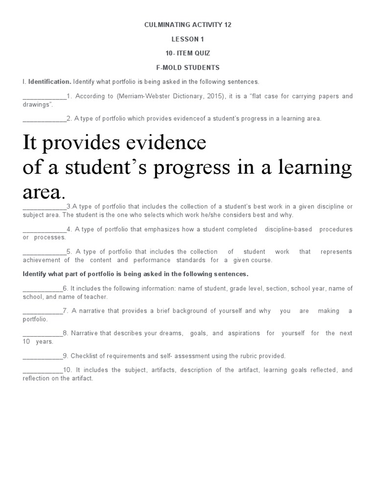 Culminating Activity Lesson 1 Quiz | PDF | Career & Growth