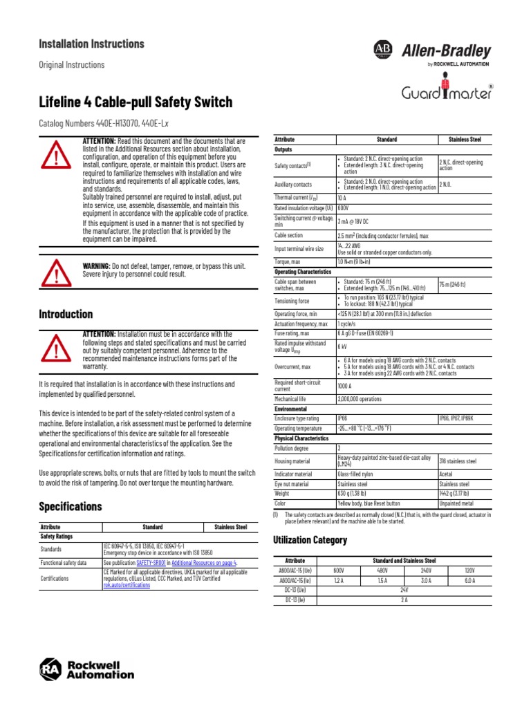 Lifeline 4 Cable-Pull Safety Switch: Installation Instructions | Download Free PDF | Switch | Screw