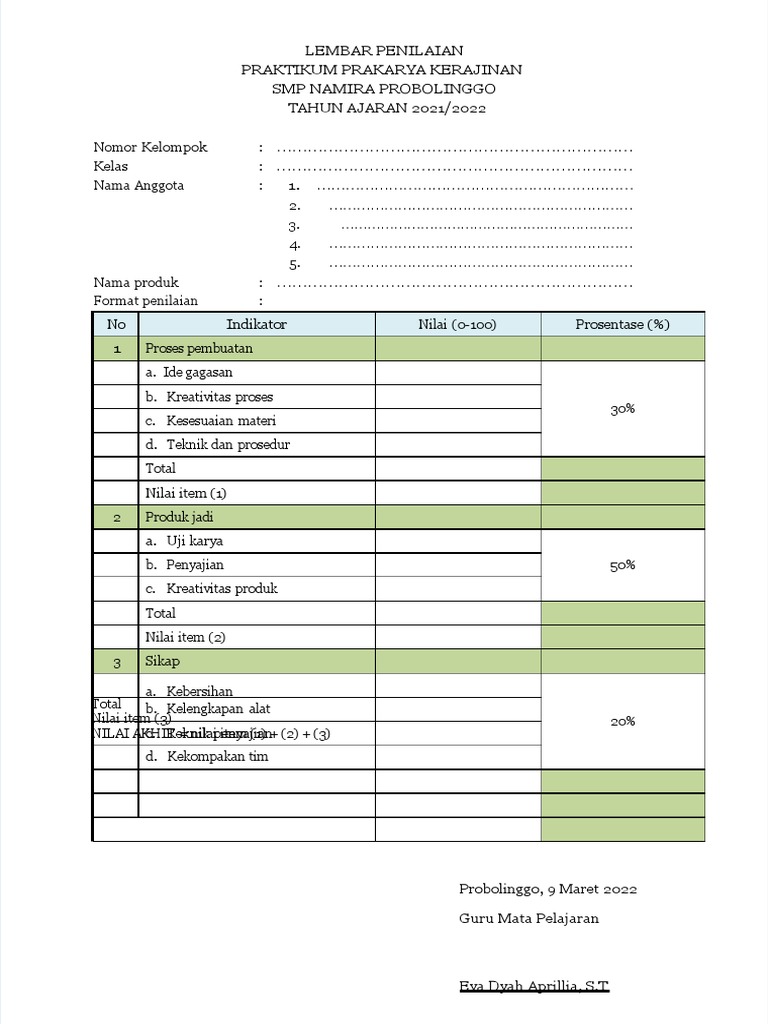 PDF Lembar Penilaian Ujian Praktik Kwu | PDF