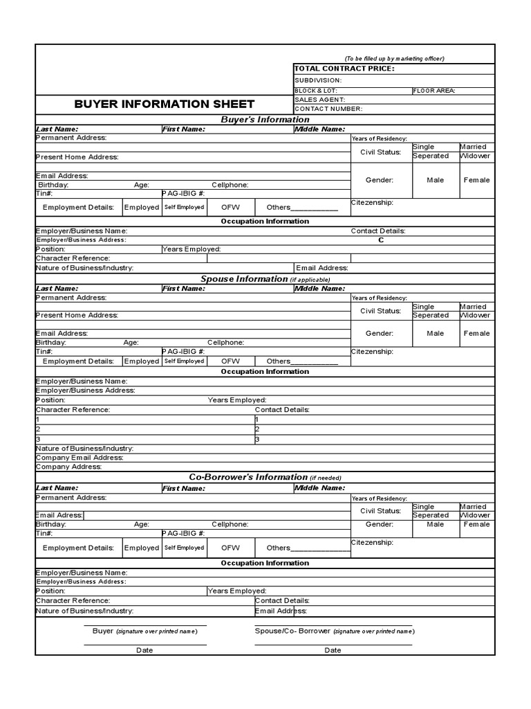 Buyer Information Sheet for Real Estate | PDF | Loans | Business
