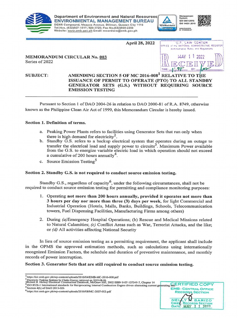 EMB-MC-2022-003-Amending-Section-5-of-MC-2016-008 (Standby Genset Exemption) | PDF