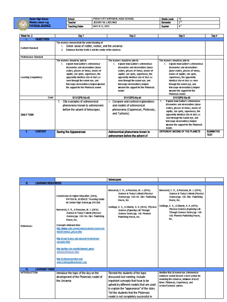 Physical Science Quarter 2 Week 2 | PDF | Heliocentrism | Sun