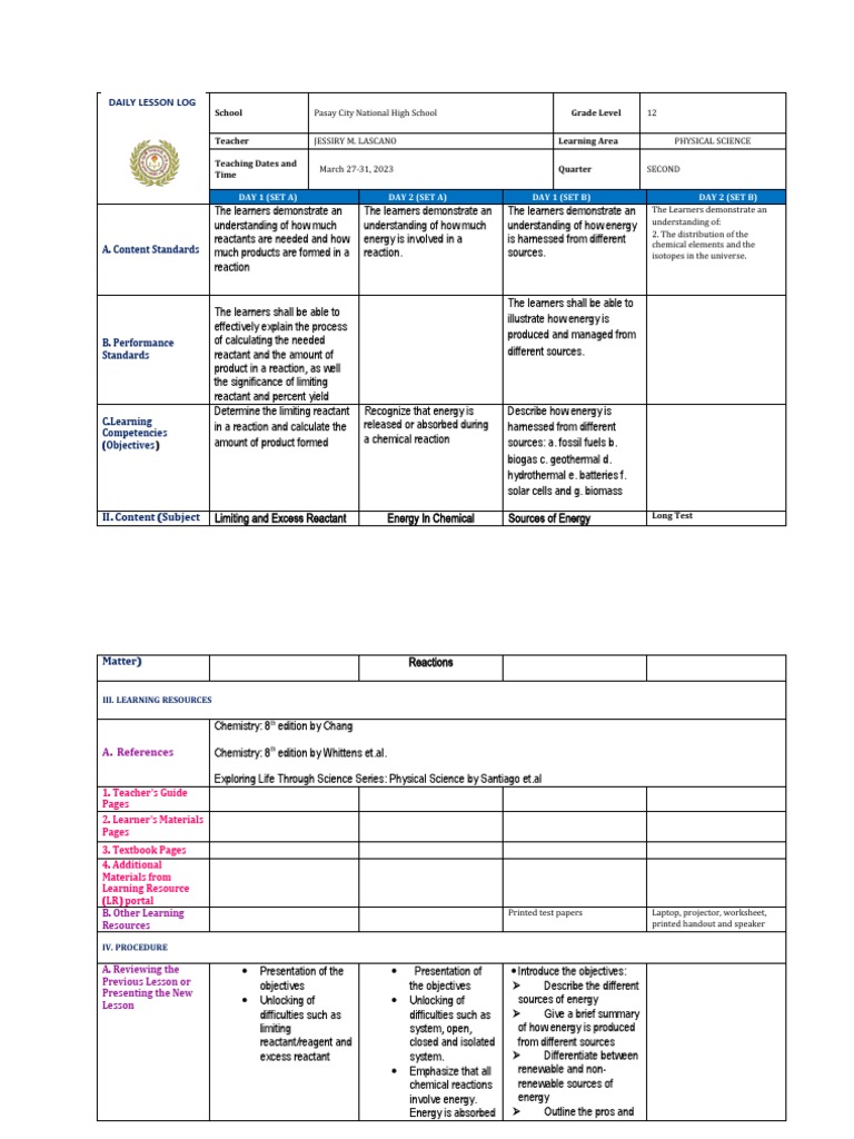 Physical Science Lesson Plan: Reactants & Energy | PDF | Chemical ...