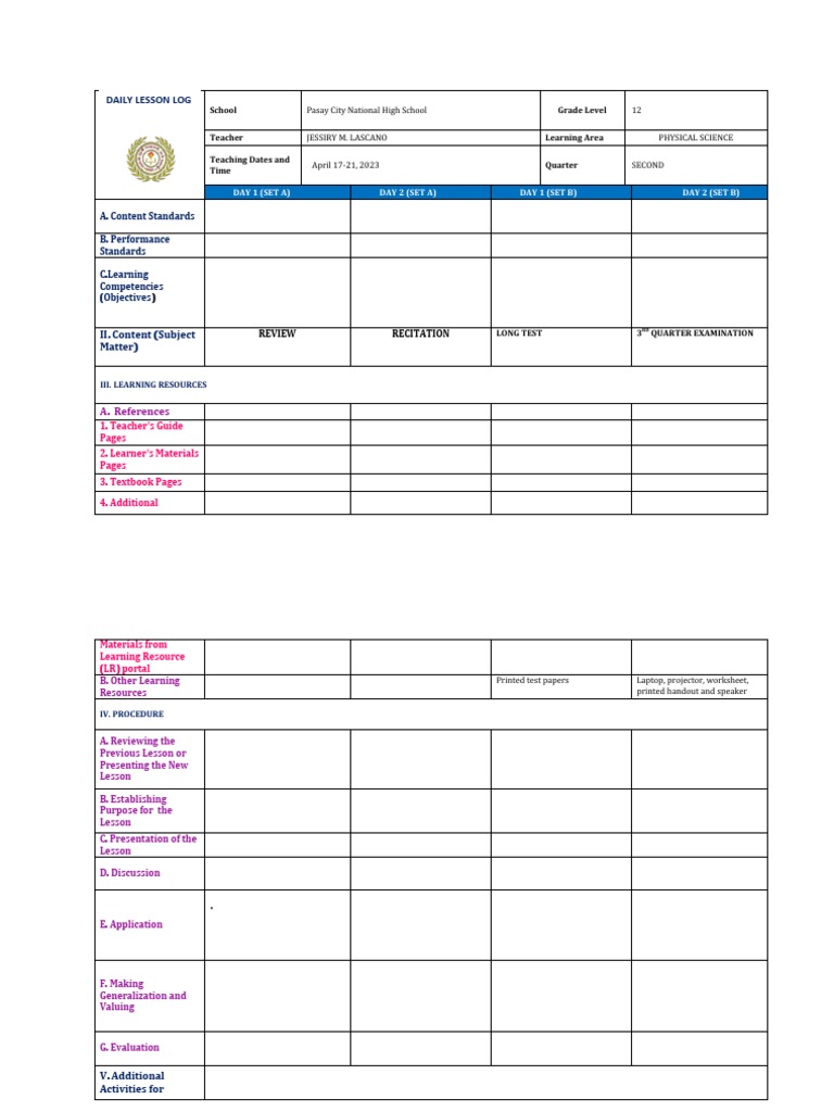 Physical Science DLL (Week9) | PDF | Learning | Teachers