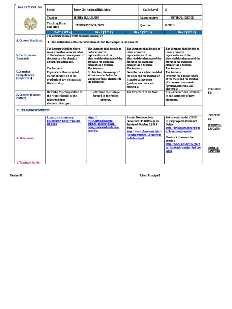 Grade 12 Physical Science Lesson Plan | PDF | Atoms | Chemical Elements