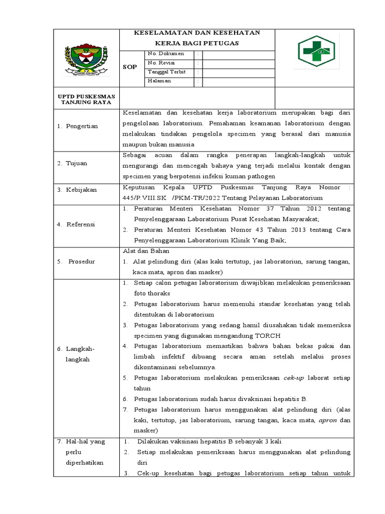 Sop Keselamatan Dan Kesehatan Kerja Bagi Petugas | PDF