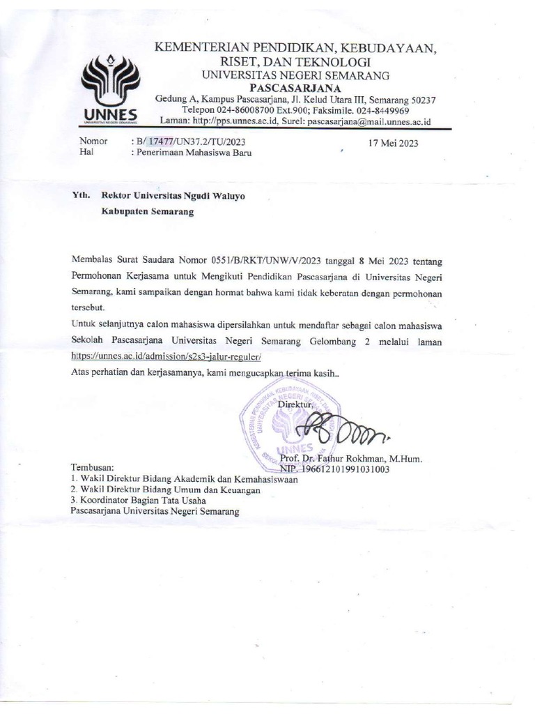 Surat Penerimaan Mahasiswa Baru UNNES | PDF