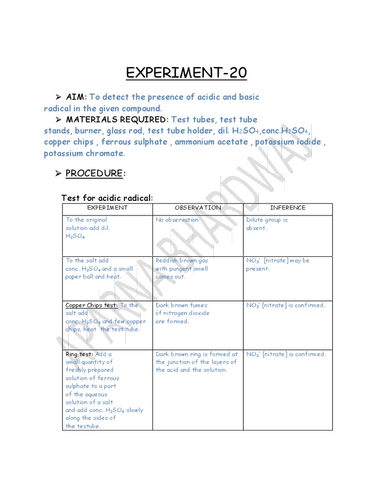 Experiment 20 | PDF | Sulfuric Acid | Nitrate