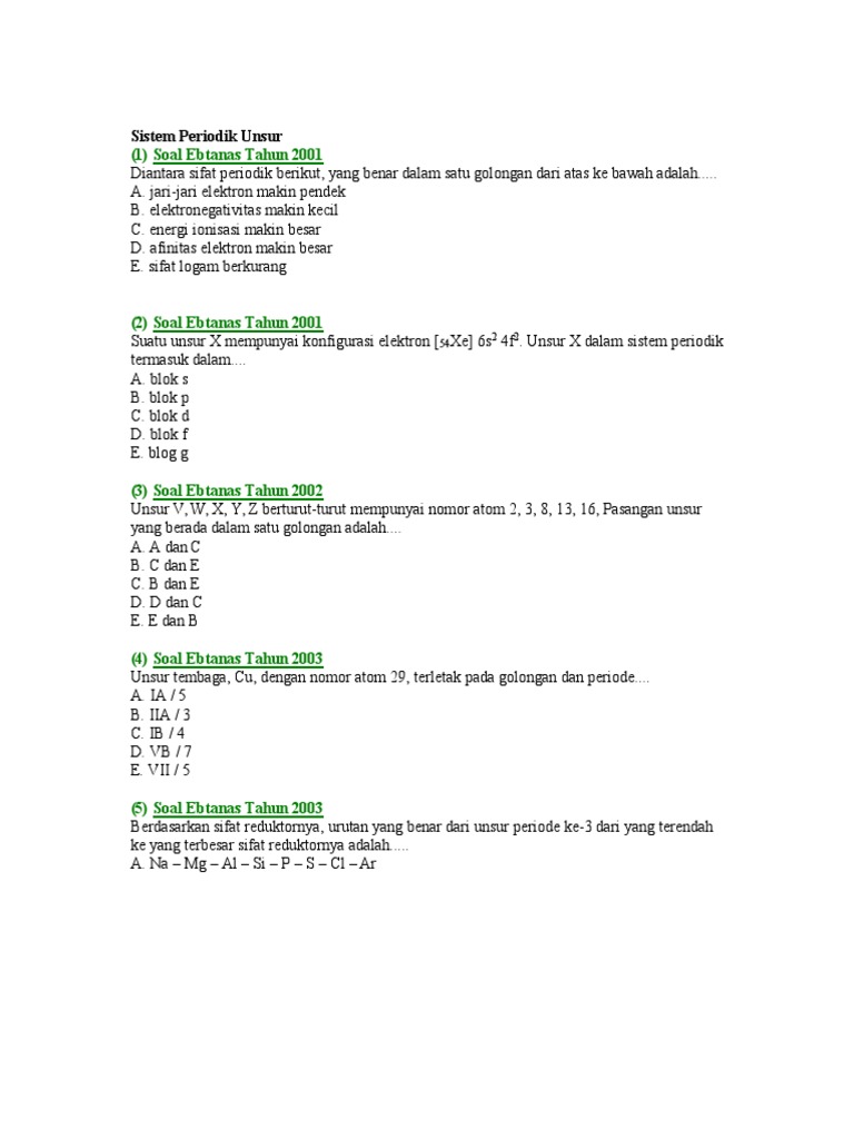 Soal Sistem Periodik Unsur Ebtanas & UN | PDF