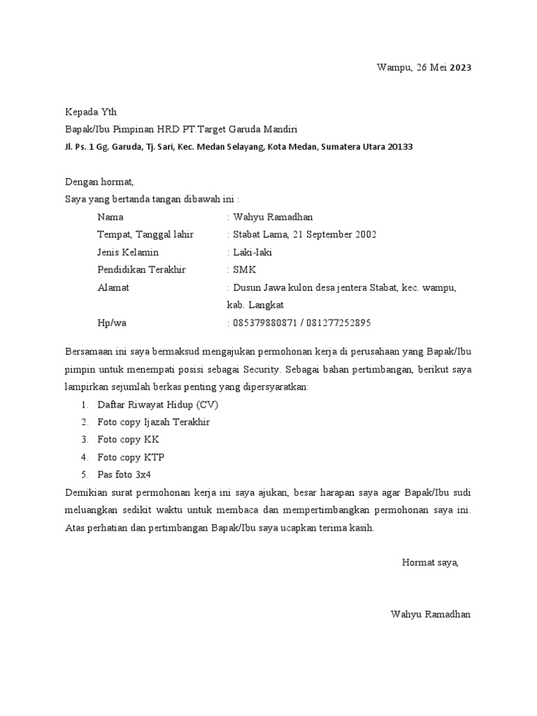 Surat Lamaran Wahyu Ramadhan-1 | PDF