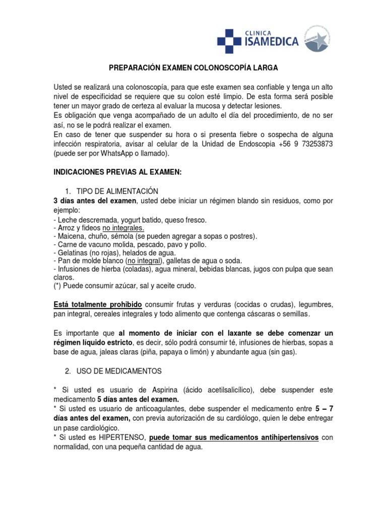 Preparación Examen Colonoscopia Larga Nuevo | PDF | Panes | Agua