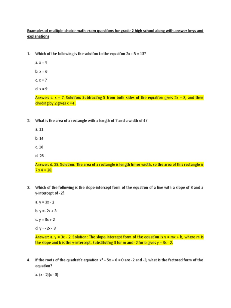 Examples of Multiple Choice Math Exam Questions For Grade 2 High School Along With Answer Keys ...