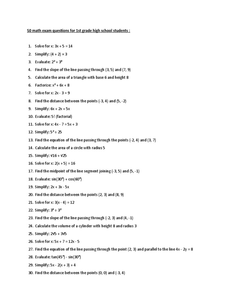 50 Math Exam Questions For 1st Grade High School Students | PDF | Area ...