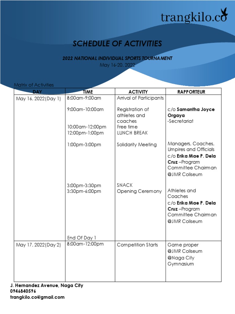 Schedule of Activities | PDF | Sports