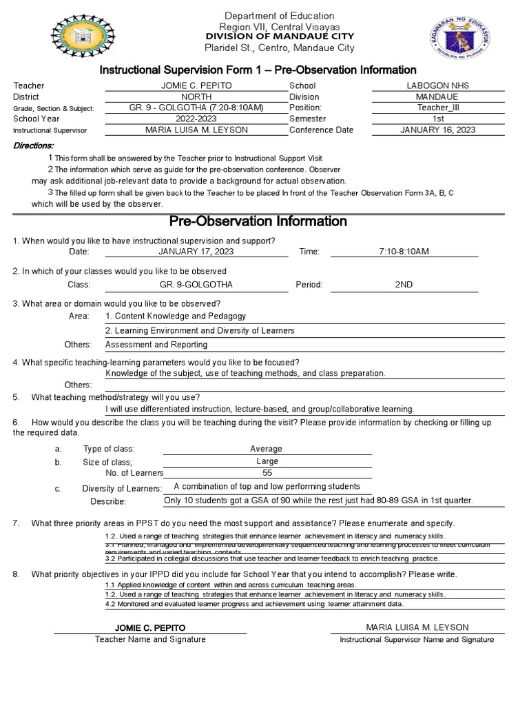 Pre Observation Conference Report | PDF | Educational Assessment | Learning