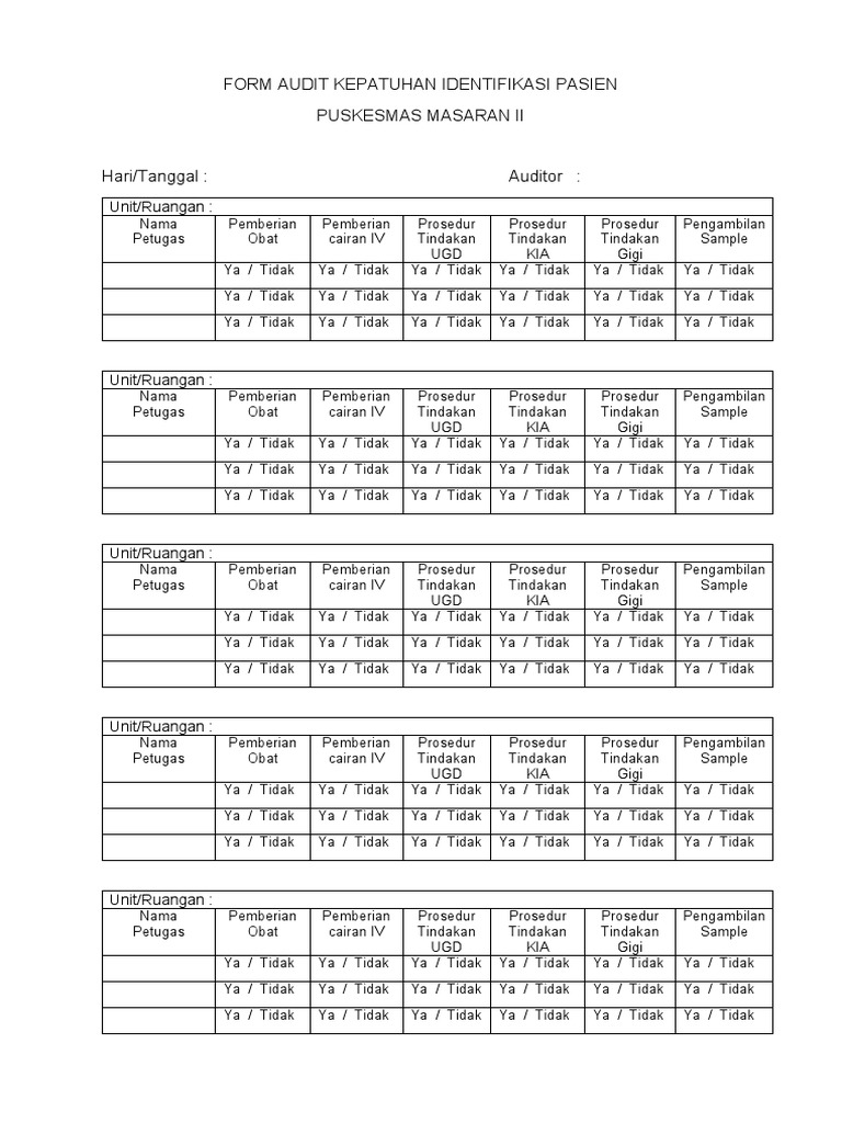 Form Audit Kepatuhan Identifikasi Pasien | PDF Form Audit Kepatuhan Identifikasi Pasien | PDF