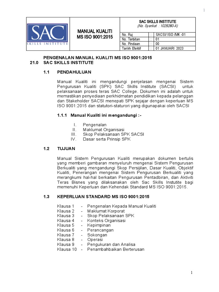 Manual Kualiti Sacsi - Edited | PDF
