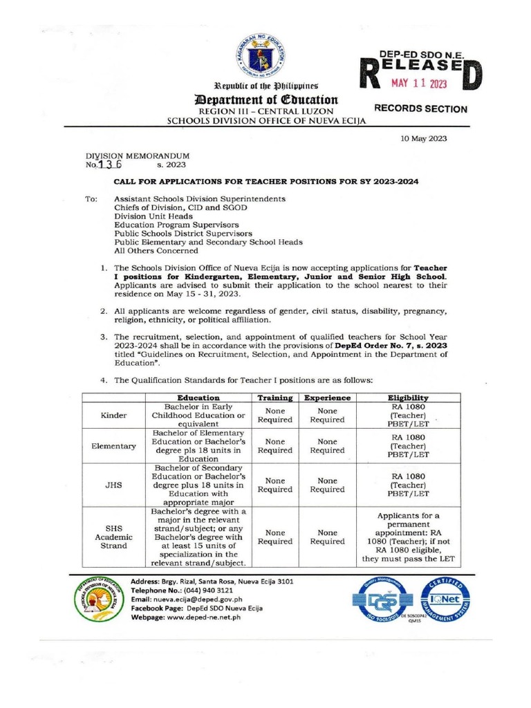 Guidelines Requirements For Teacher 1 Application Deped 2023 | PDF