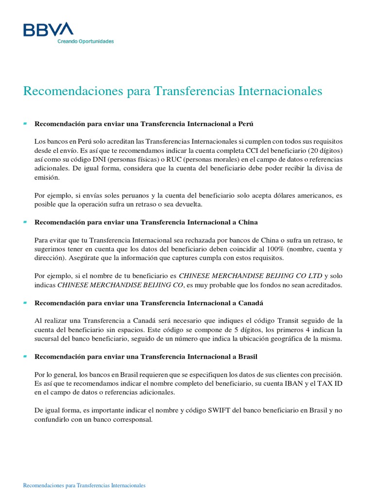 Recomendaciones Para Transferencias Internacionales 170621 | PDF | Transferencia bancaria | Pagos