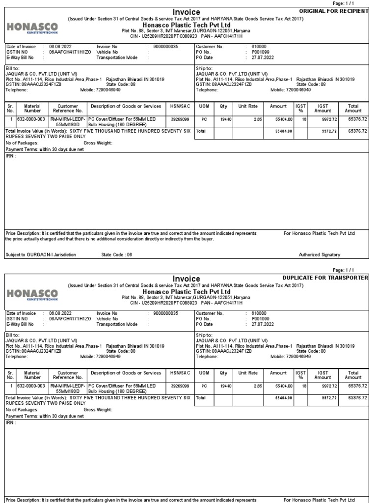 Invoice: Honasco Plastic Tech PVT LTD | PDF | Invoice | Taxes