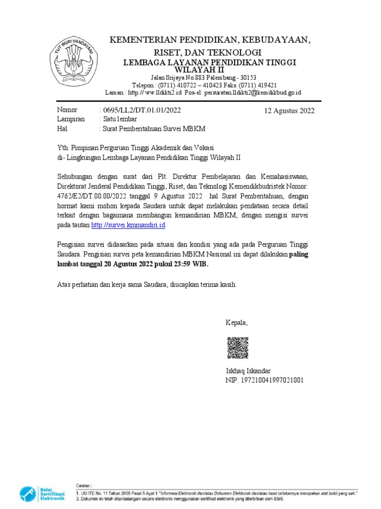 Surat Pengantar Survei MBKM LLDikti 2 | PDF | Komputer