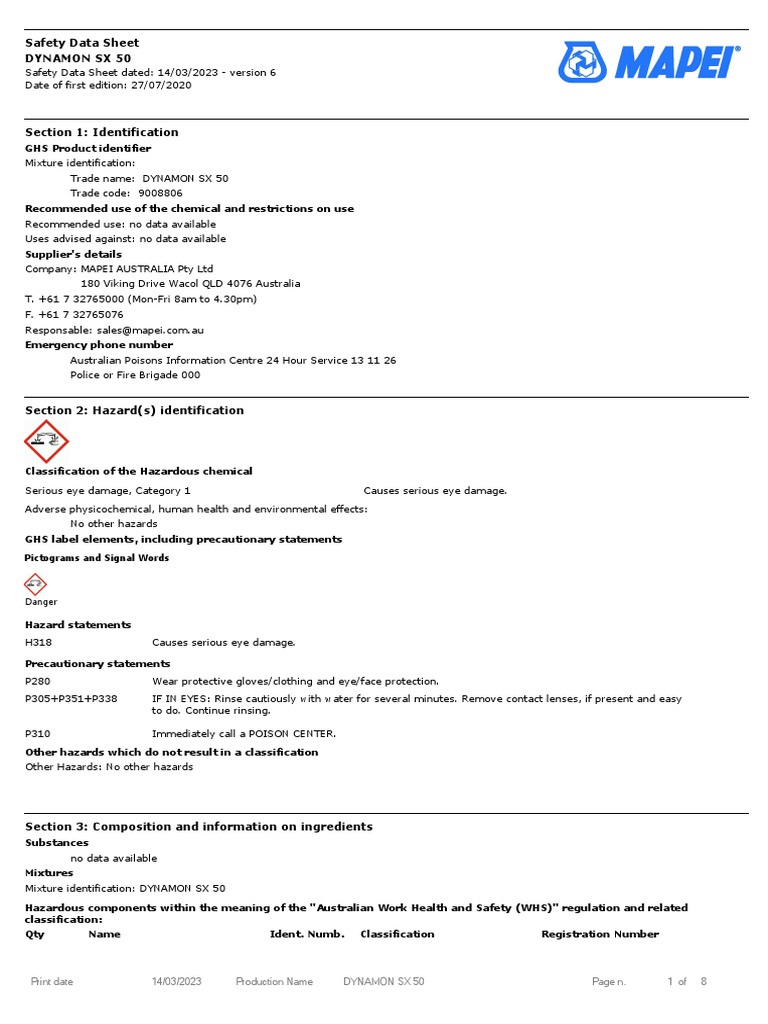 Dynamon Sx50 (Safety Data Sheet) | PDF | Toxicity | Dangerous Goods