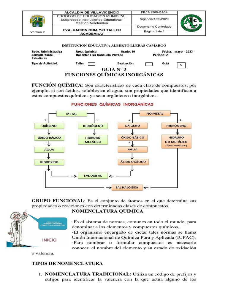 10° - Quimica - G3 - P2 - Funciones Químicas Inorgánicas | PDF | Elementos químicos | Química Física