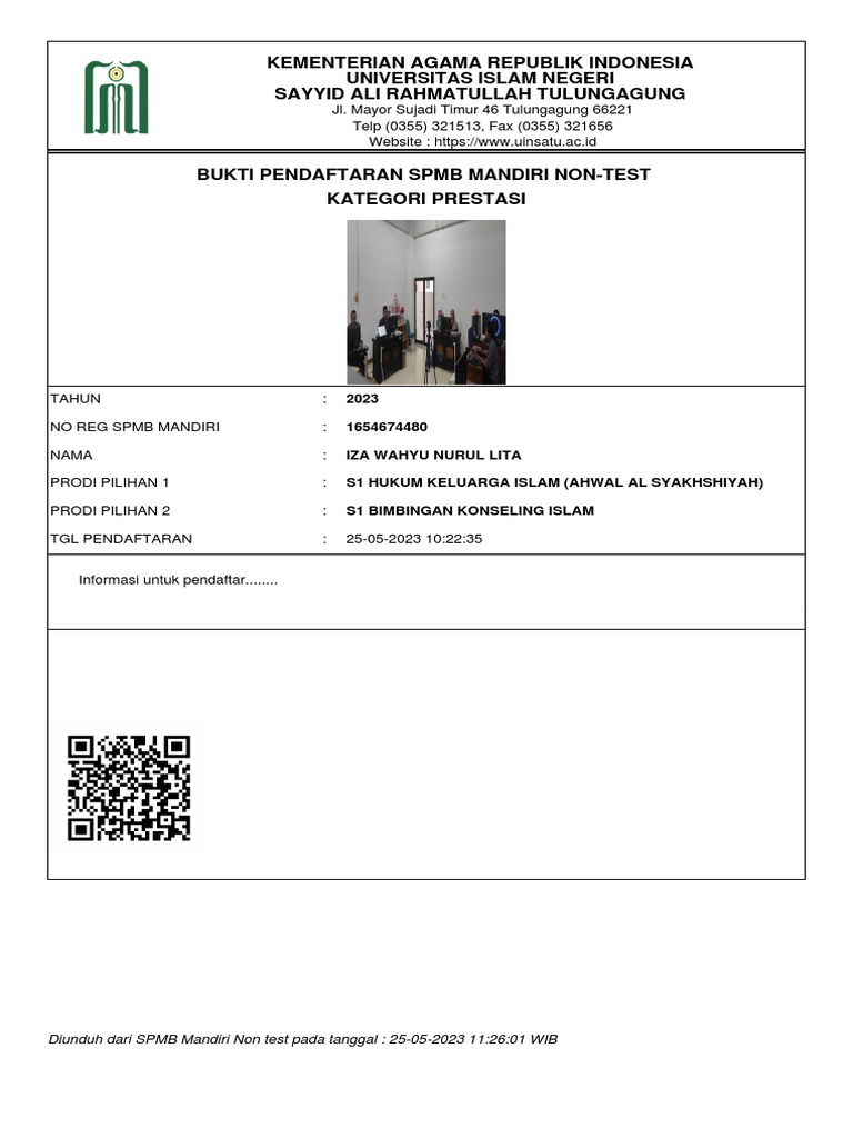 Bukti Pendaftaran SPMB Mandiri Non Test 1654674480 | PDF