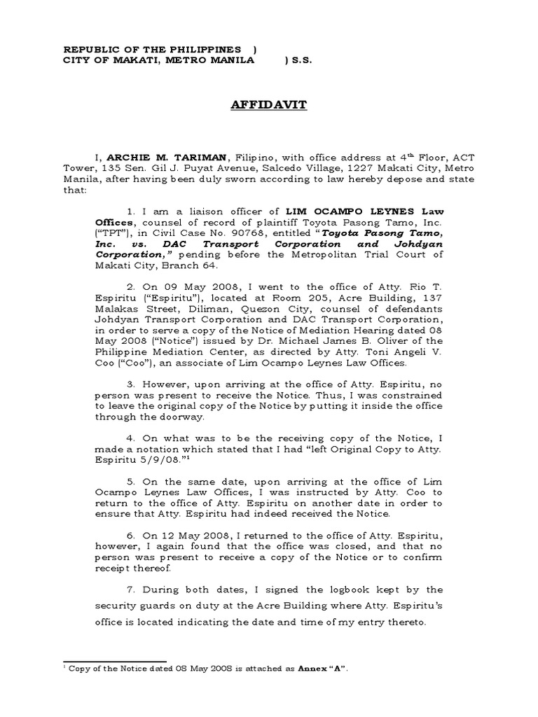 Affidavit of Legal Liaison Officer | PDF | Affidavit | Makati