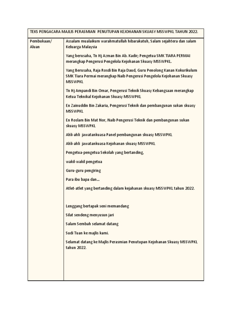 Teks Pengacara Majlis Perasmian Penutup Skuasy | PDF