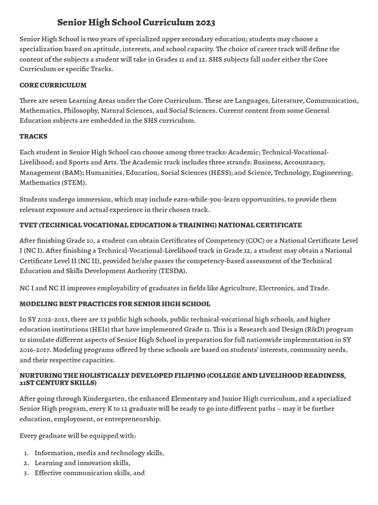 Senior High School Curriculum 2023 | PDF | Vocational Education ...