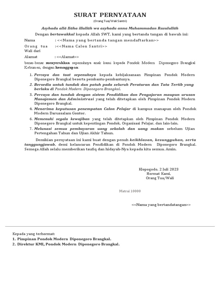 SURAT PERNYATAAN Pondok | PDF