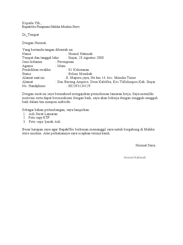 Surat Lamaran Nunu Kasir CV Buana | PDF