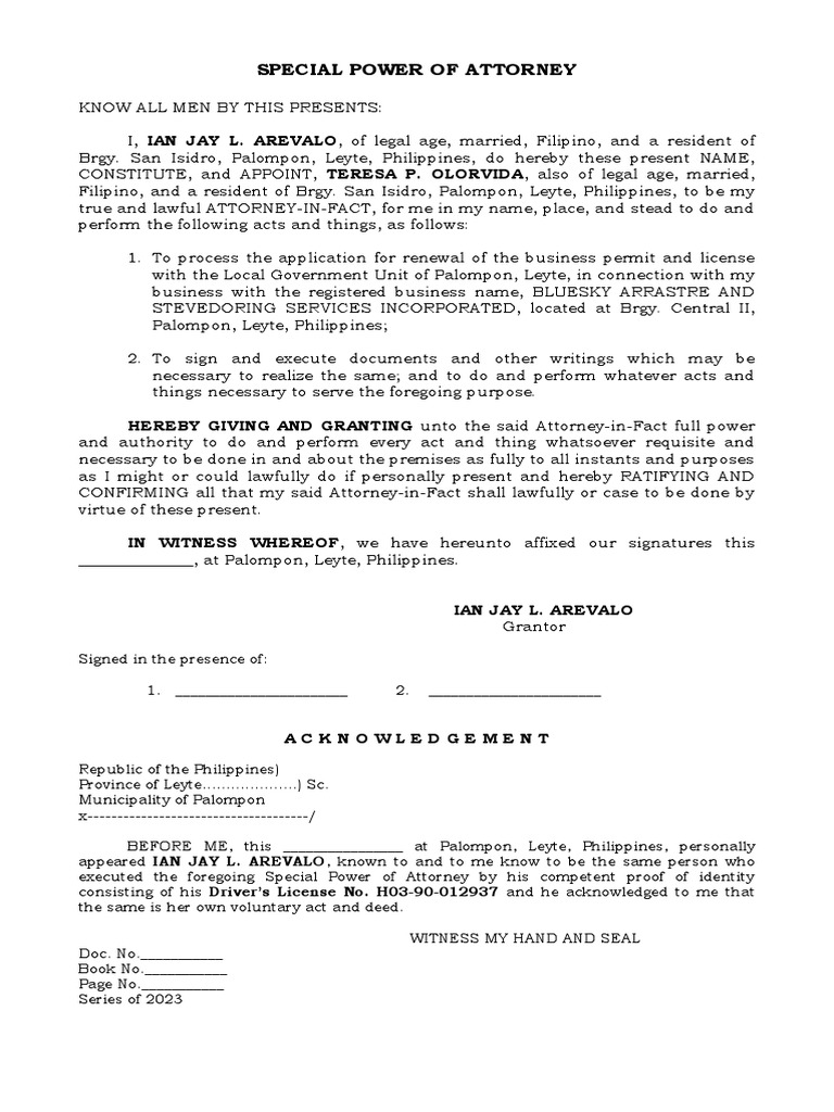 Special Power of Attorney: HEREBY GIVING AND GRANTING Unto The Said Attorney-in-Fact Full Power ...