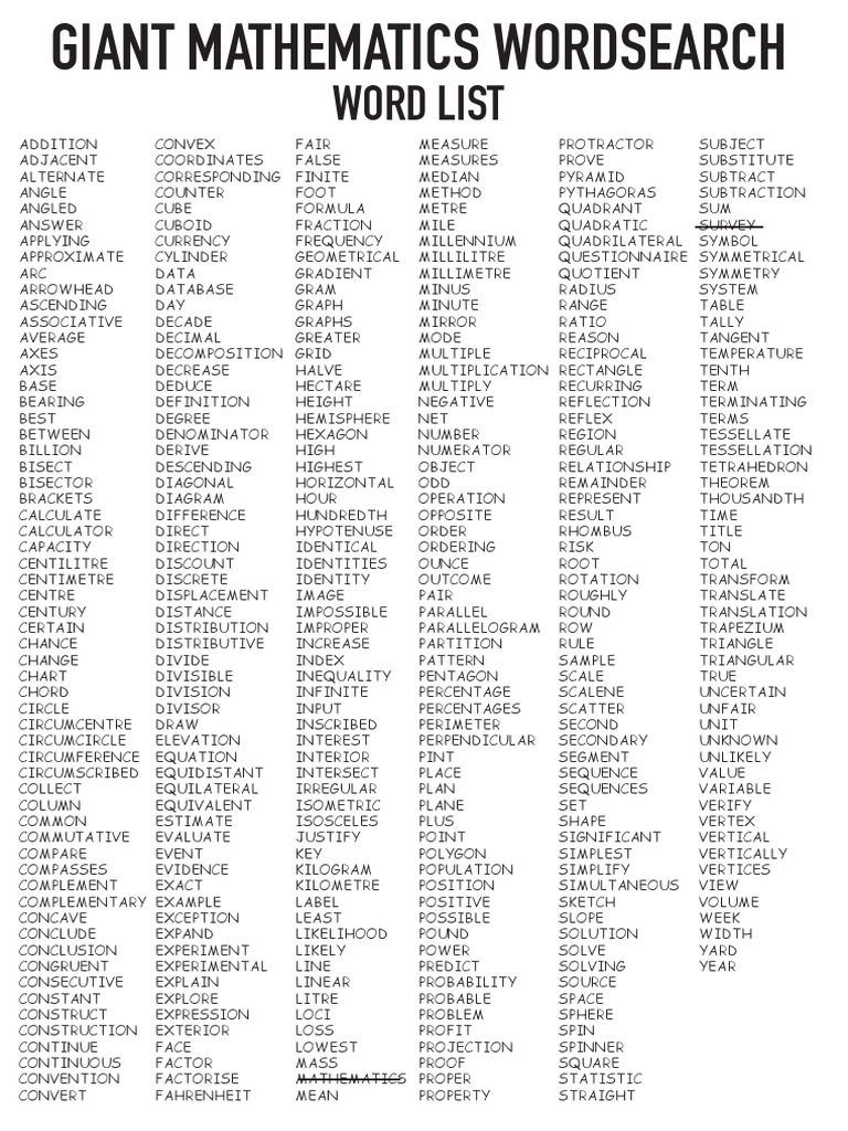 Giant Maths Word Search WORD LIST | PDF | Triangle | Elementary Geometry