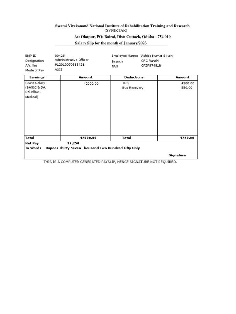 January 2023 Salary Slip - SVNIRTAR | PDF