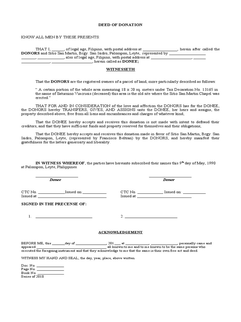 Deed of Donation of A Portion of Land | PDF | Environmental Law | Civil ...