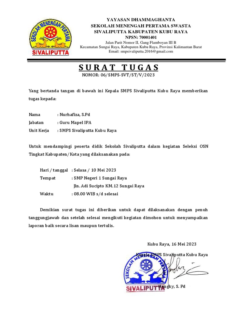 Surat Tugas Nurhafiza Seleksi OSN 2023 | PDF