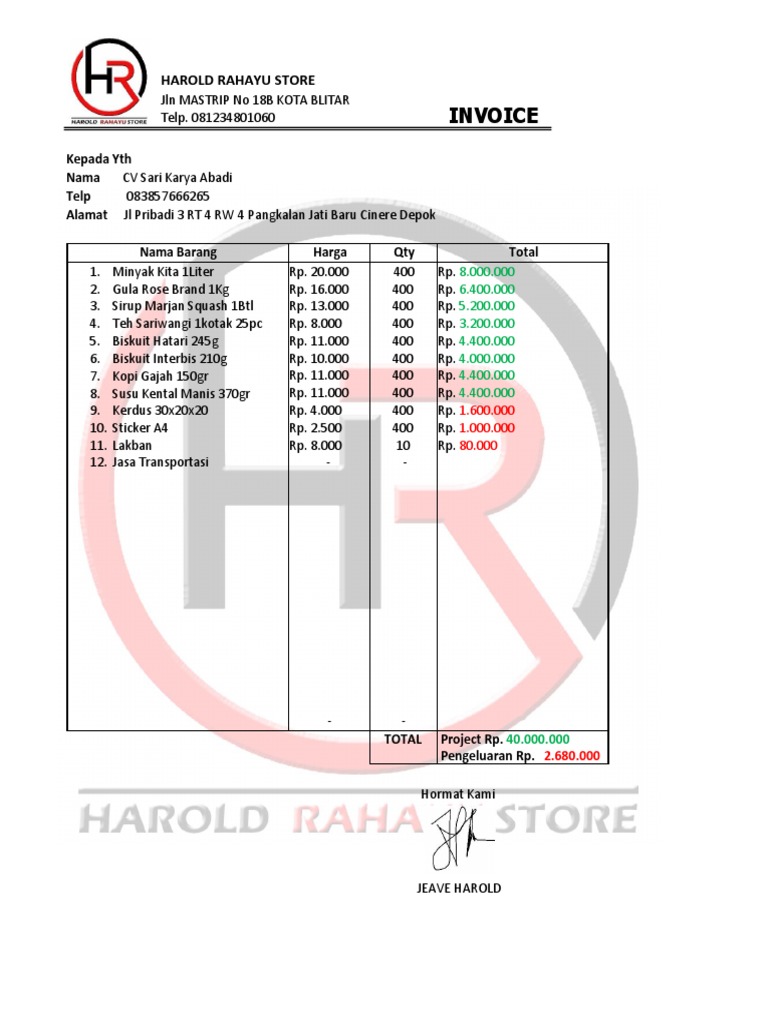 Invoice Project Toko | PDF | Memasak, Makanan, & Anggur