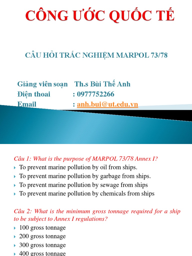 1. CÂU HỎI TRẮC NGHIỆM ÔN TẬP MARPOL 73-78 | PDF | Oil Tanker | Ships