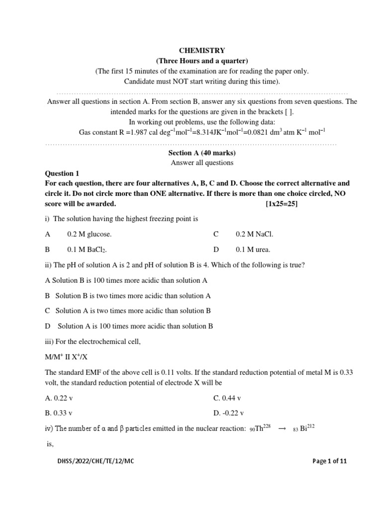 Trial Exam DCS Che 12 2022 Final | PDF | Acid | Amine