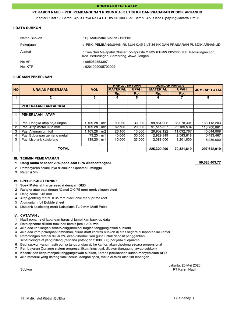 Kontrak Atap Bu Eka Rusun Malang | PDF
