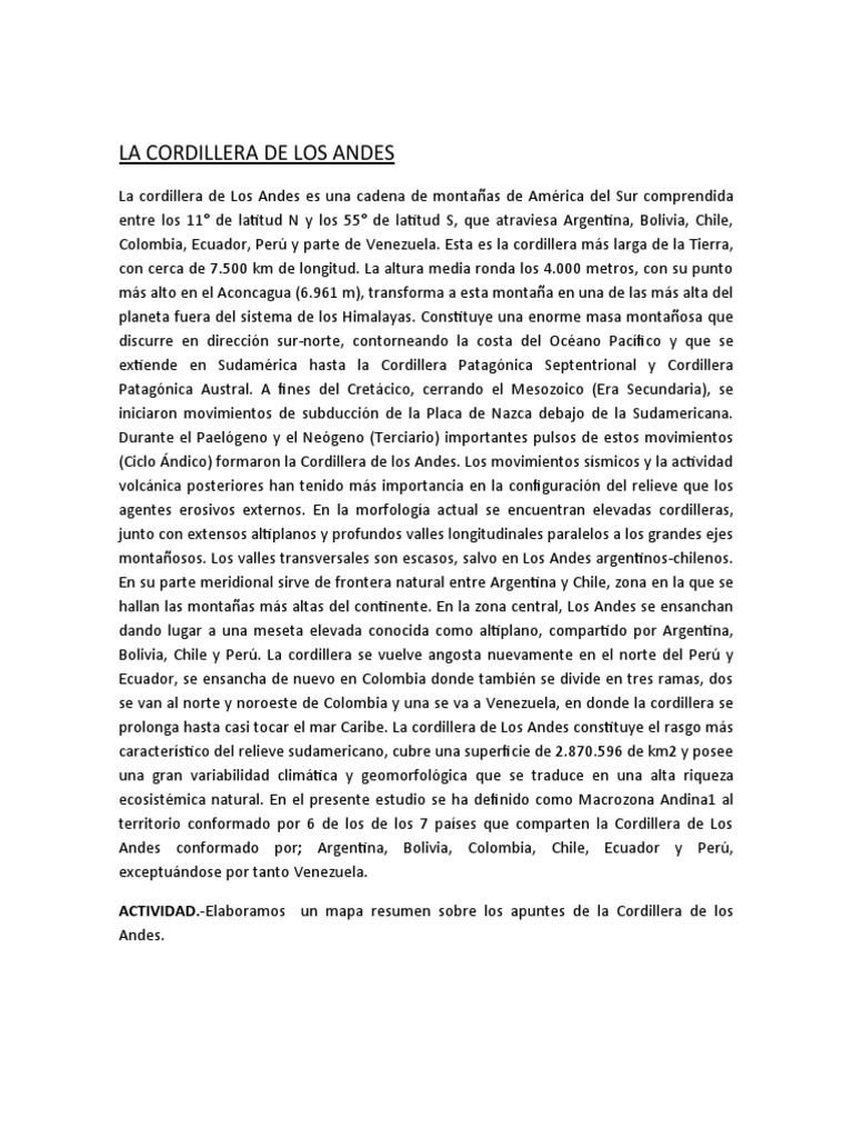 Características de la Cordillera de los Andes | PDF | Andes | Geografía